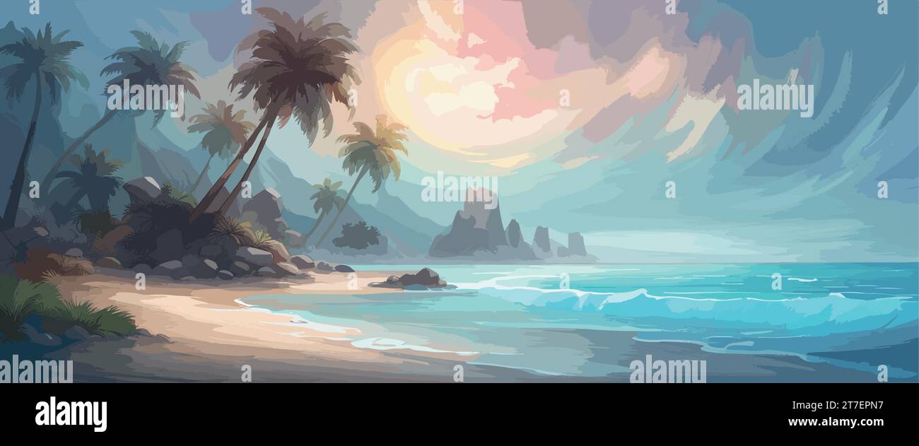 Banner Beach with palm trees, ocean view, summer background illustration concept, sky with ...