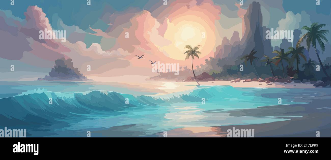 Banner Paradise beach tropical island, palm trees, white sand, azure ...
