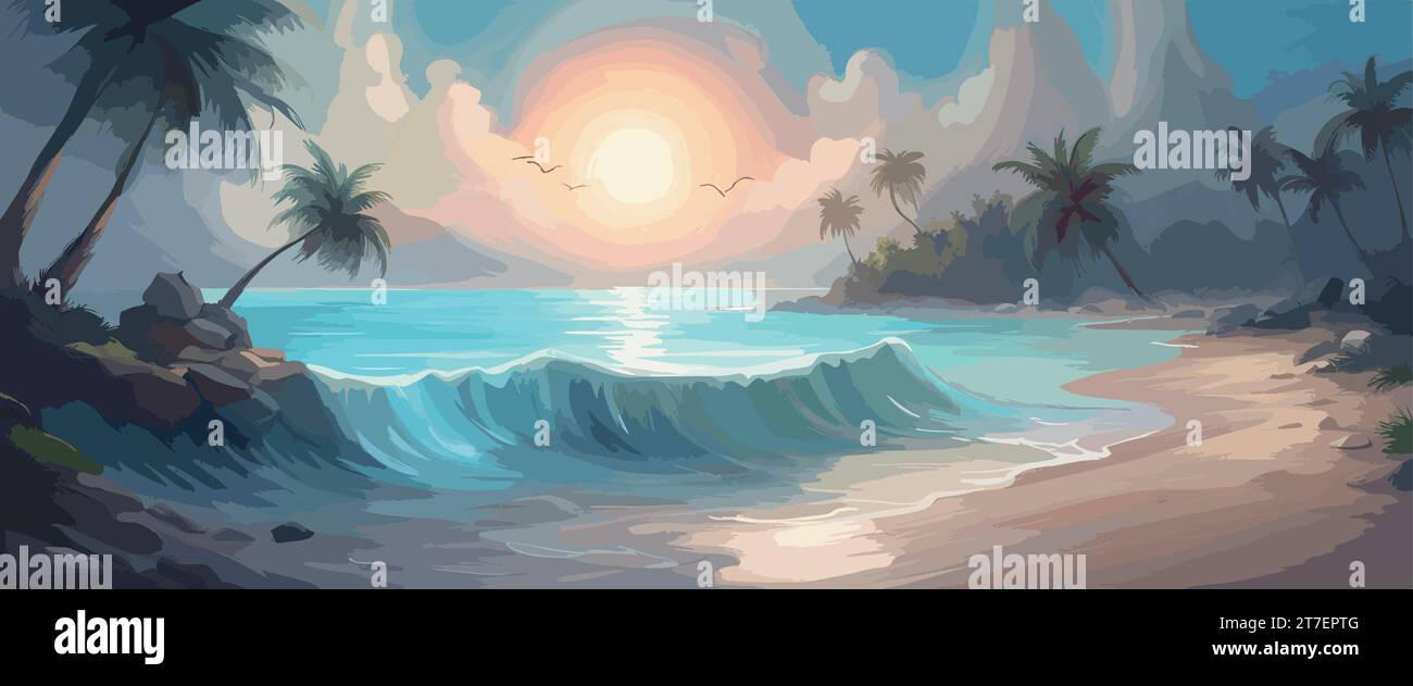 Banner beautiful beach with palm trees in morning with peace and calm ...