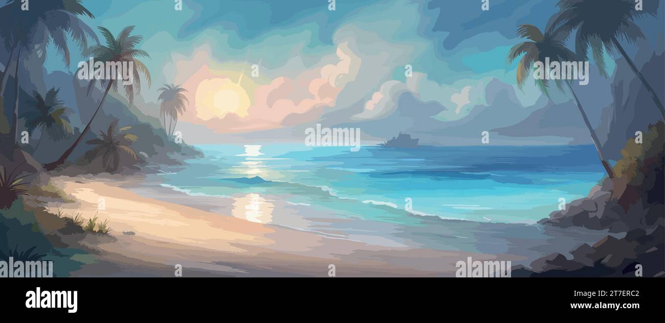 Banner beautiful beach with palm trees in morning with peace and calm ...