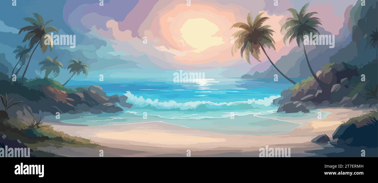 Banner Beach with palm trees, ocean view, summer background illustration concept, sky with ...