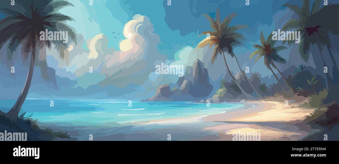 Banner beautiful beach with palm trees in morning with peace and calm ...
