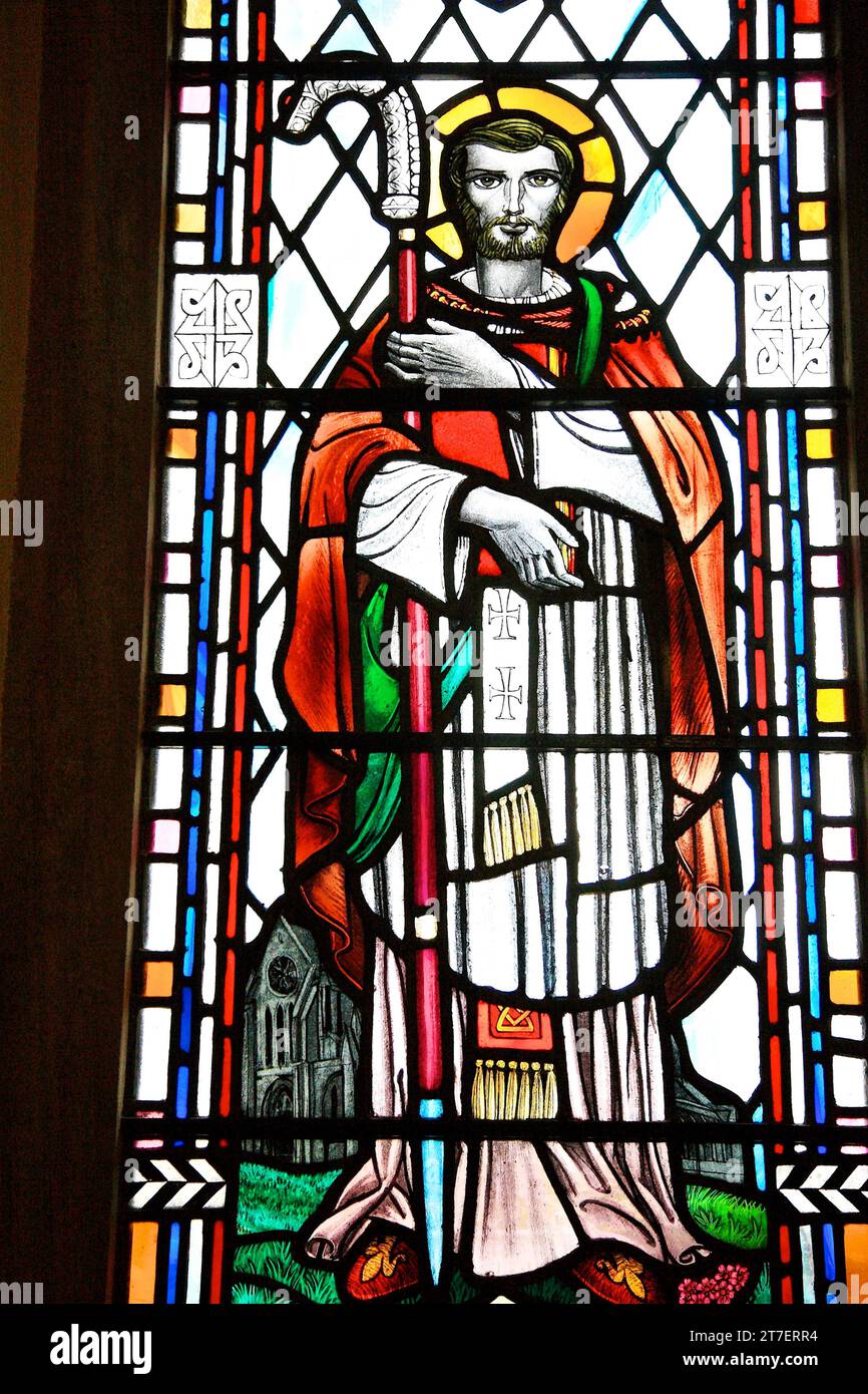 multi coloured stained glass church window with shepherd holding crook ...