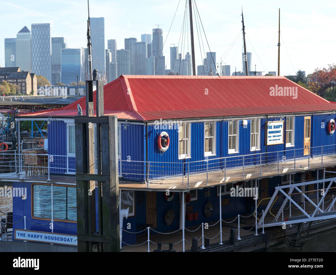 The Harpy houseboat south bank of the river Thames, Bermondsey, London ...