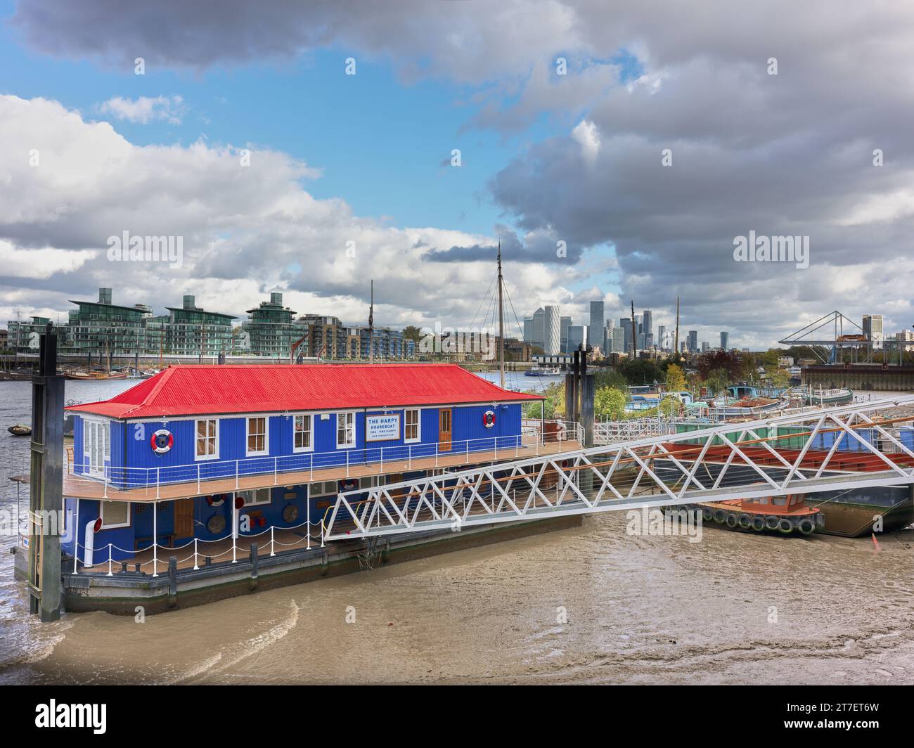The Harpy houseboat south bank of the river Thames, Bermondsey, London ...