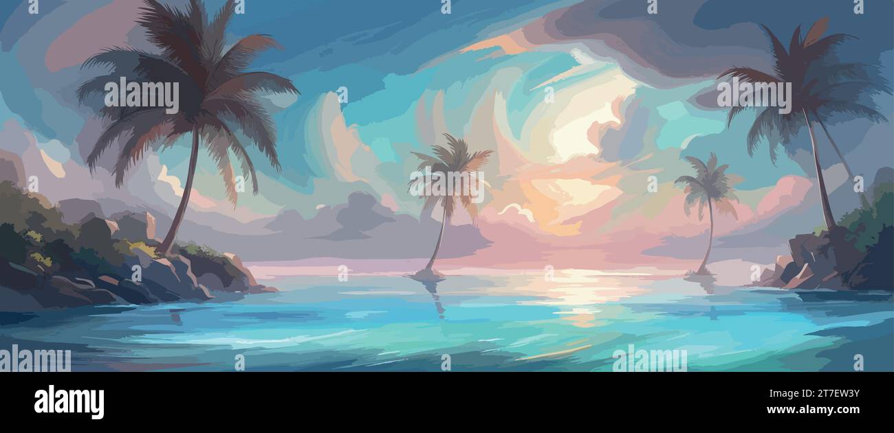 Banner Paradise beach tropical island, palm trees, white sand, azure ...