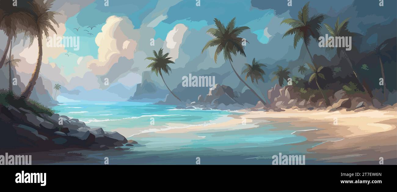 Banner Paradise beach tropical island, palm trees, white sand, azure ...