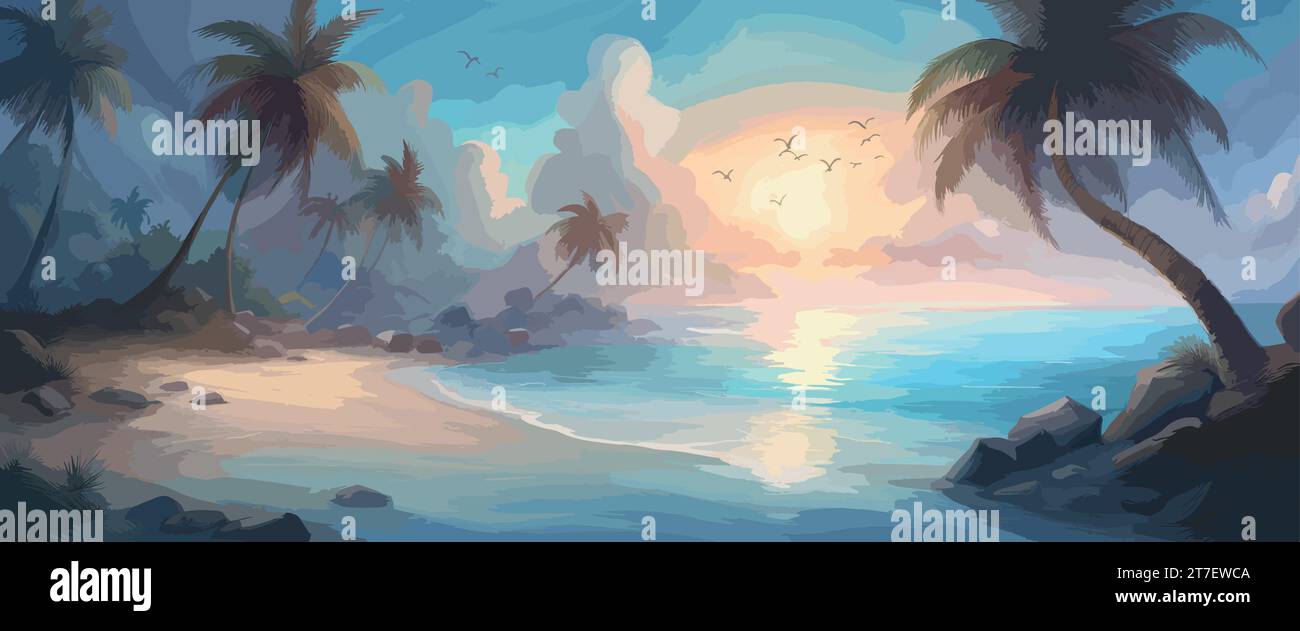 Banner Paradise beach of a tropical island, palm trees, white sand ...