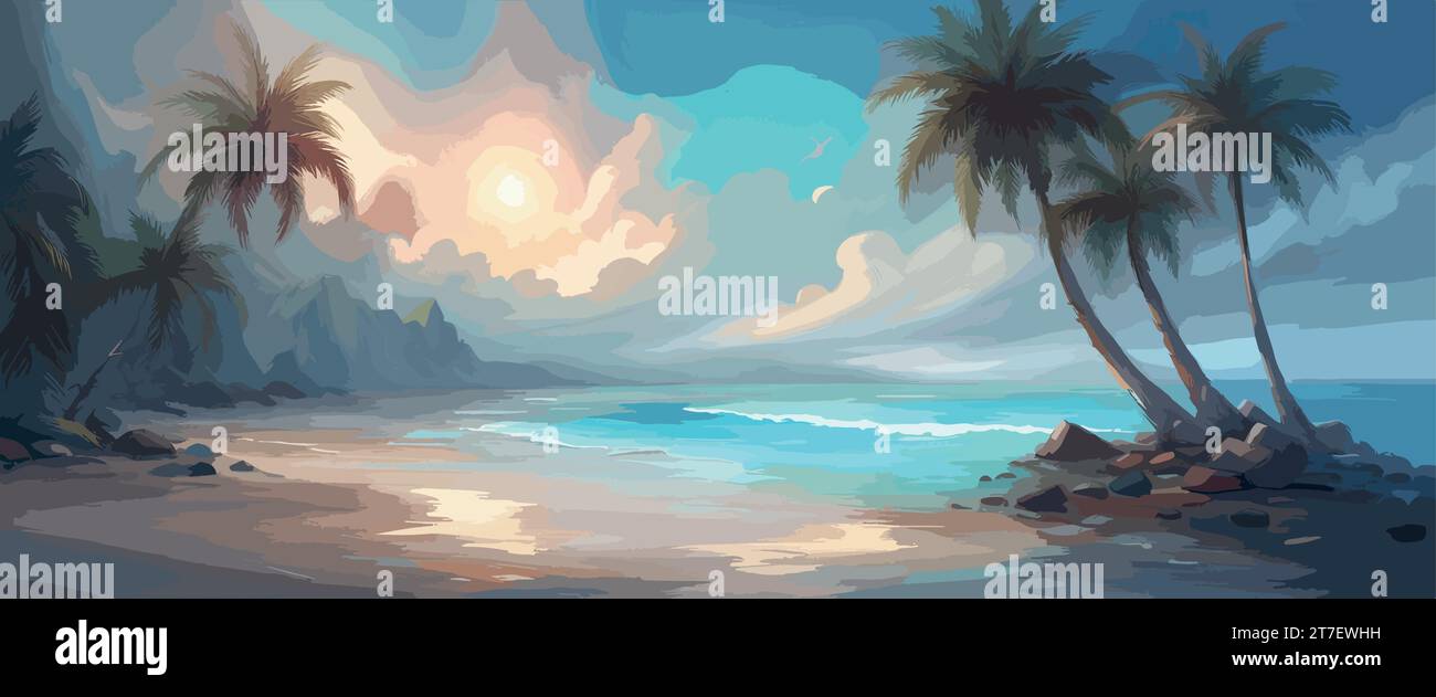 Banner Paradise beach tropical island, palm trees, white sand, azure ...