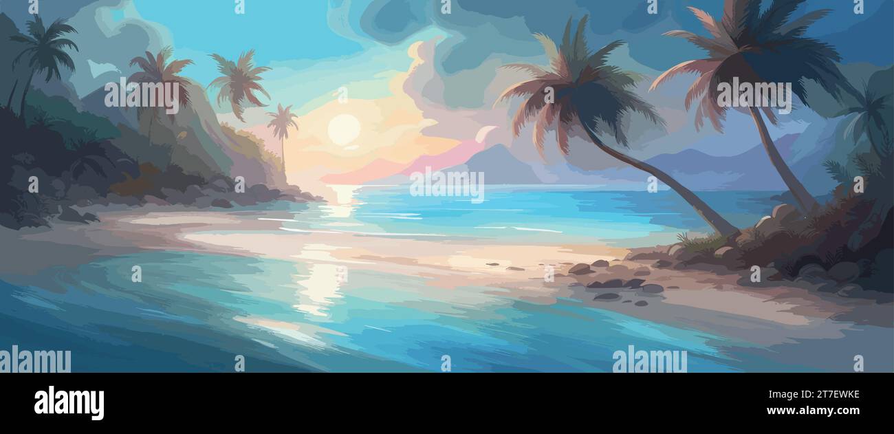 Banner Paradise beach tropical island, palm trees, white sand, azure ...