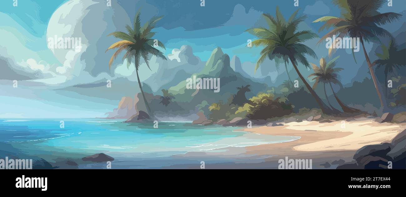 Banner Paradise beach tropical island, palm trees, white sand, azure ...