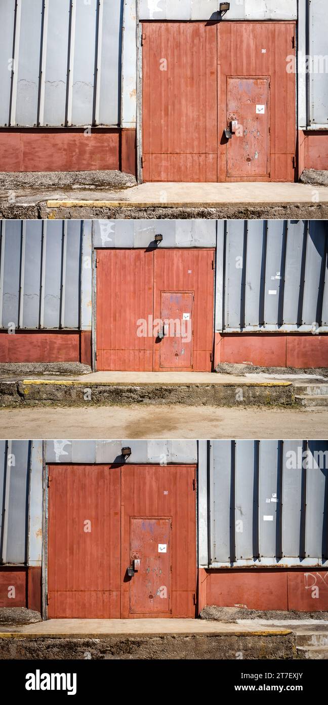 Collection of images with old metal warehouse door, hangar gate ...