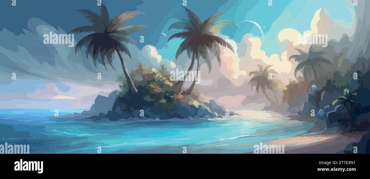 Banner Paradise beach of a tropical island, palm trees, white sand ...