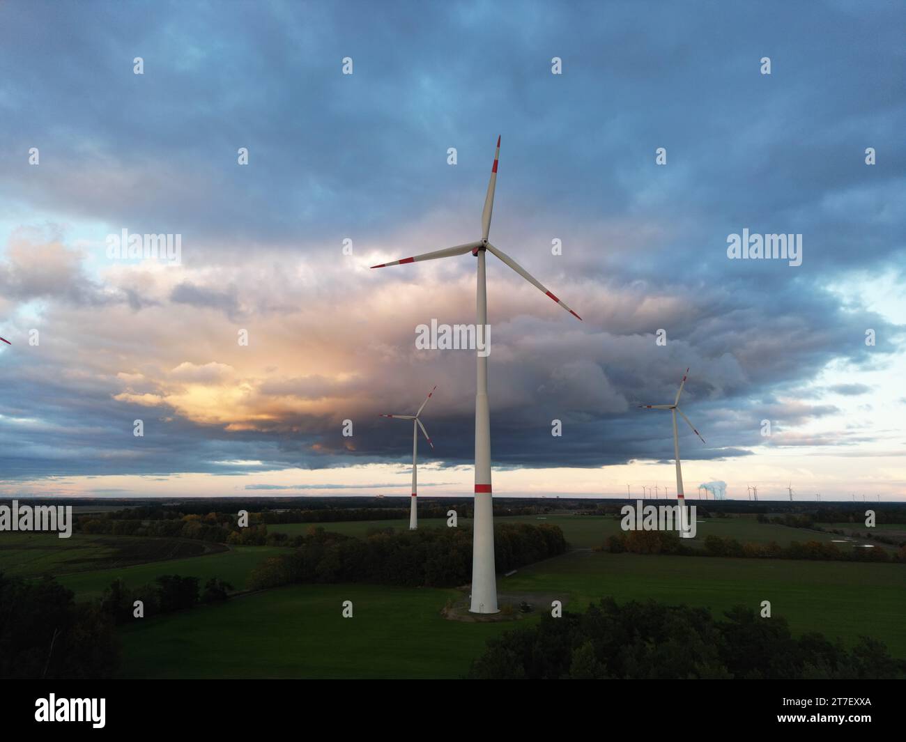 Aerial view of the wind farm in Calau, Niederschlesien, Lausitzgebiet ...