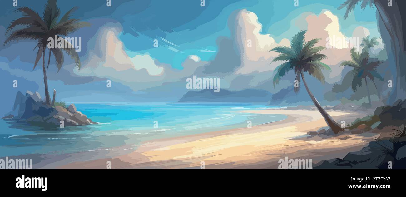 Banner Paradise beach of a tropical island, palm trees, white sand ...