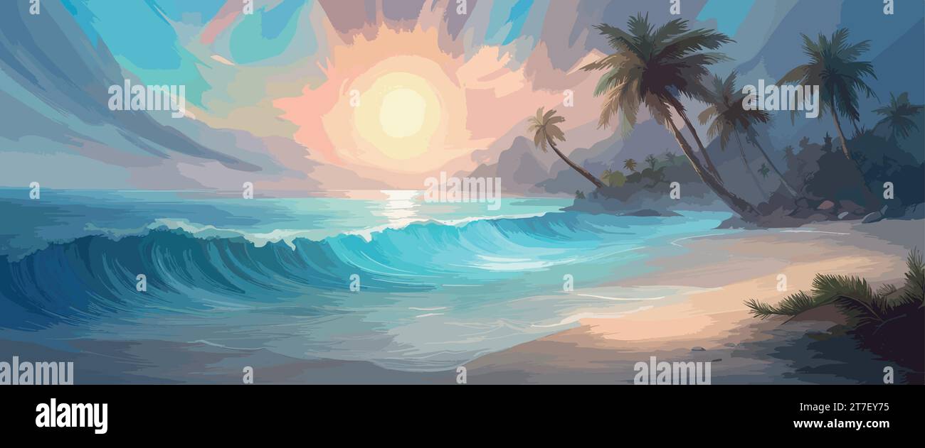 Banner Paradise beach tropical island, palm trees, white sand, azure ...