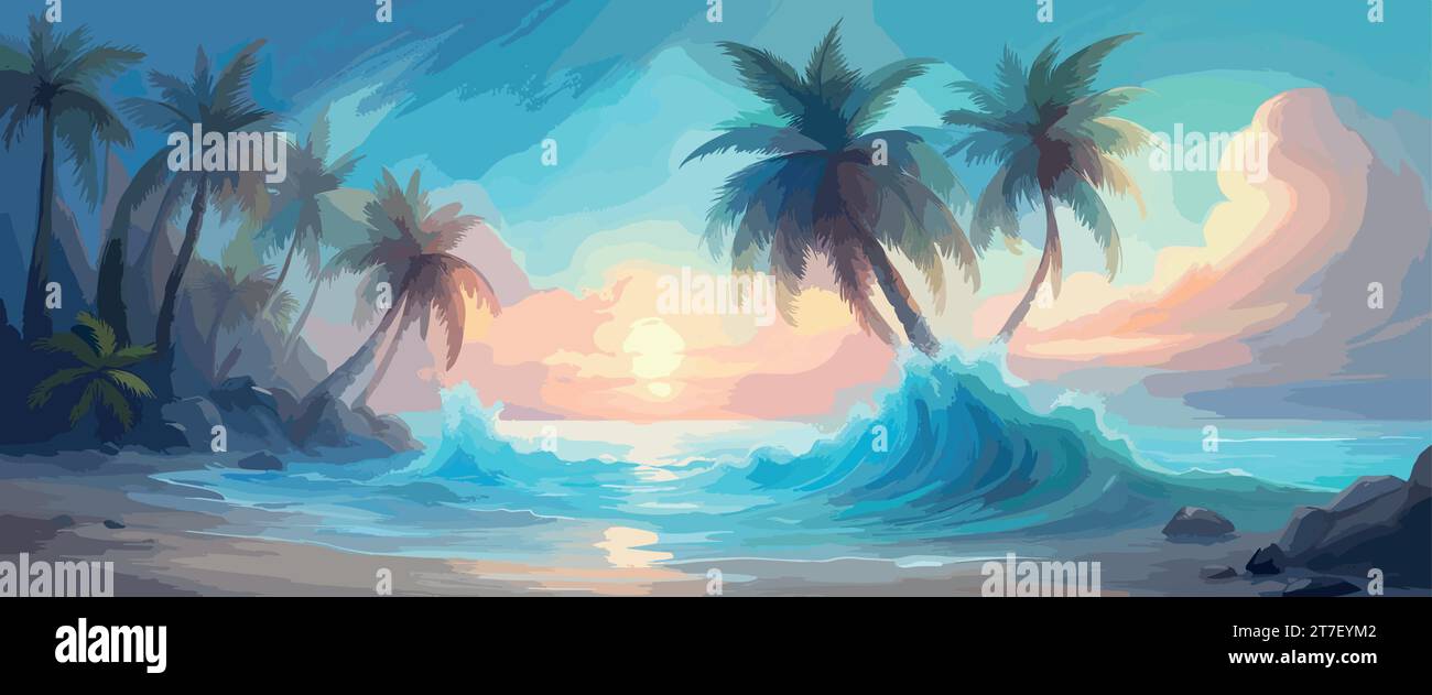 Banner Paradise beach of a tropical island, palm trees, white sand ...