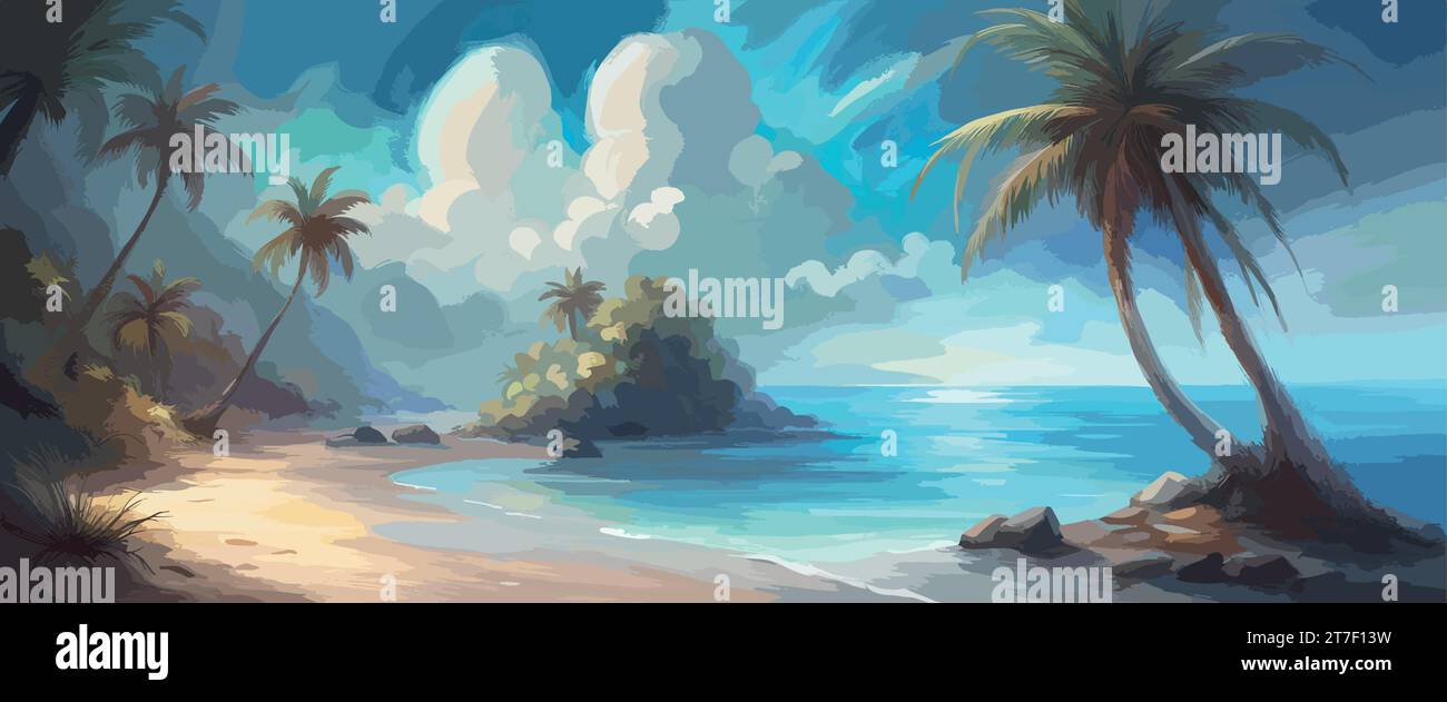 Banner Paradise beach of a tropical island, palm trees, white sand ...