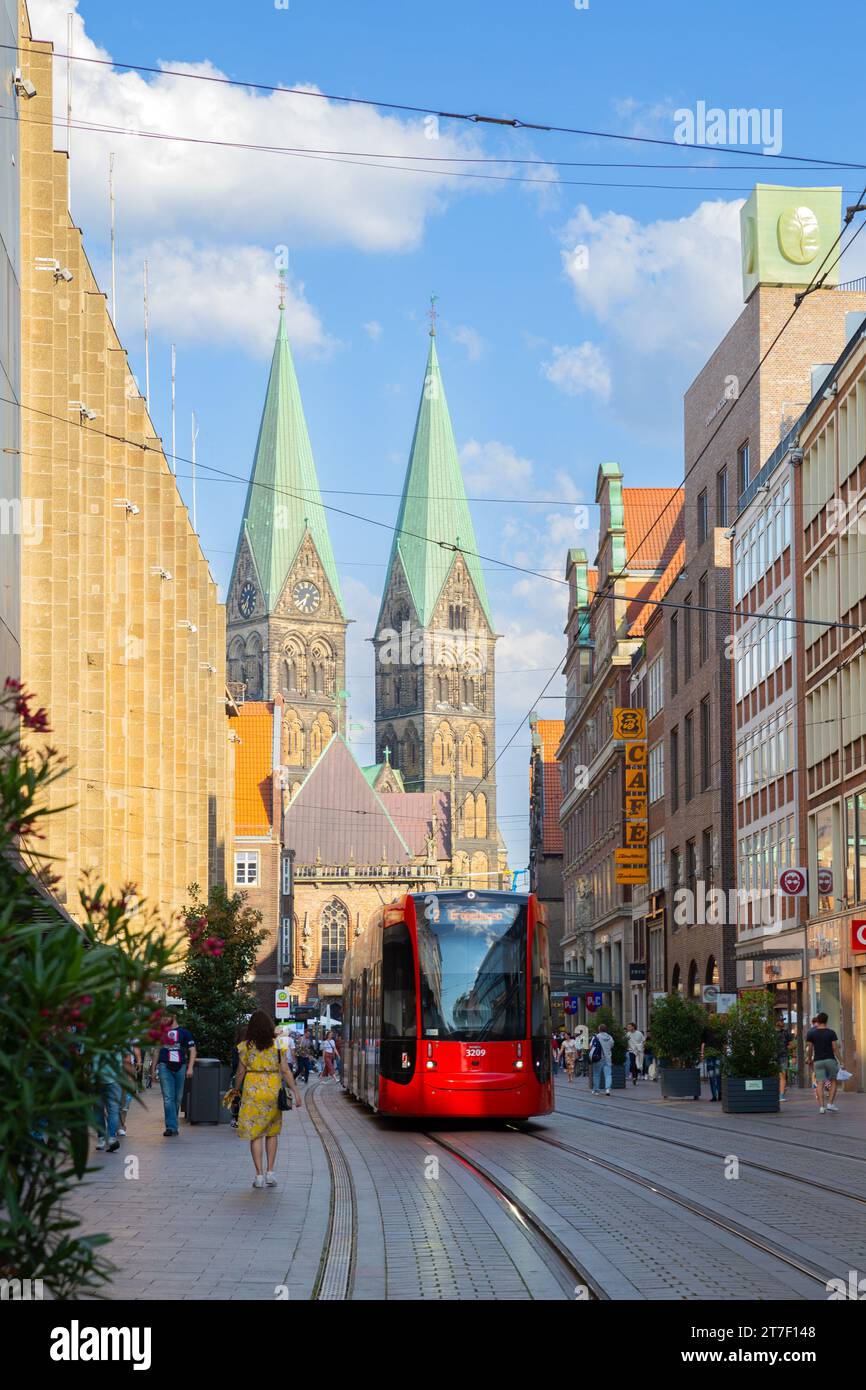Bremen, Germany–June 13,2023:a red tram driving through the historical ...