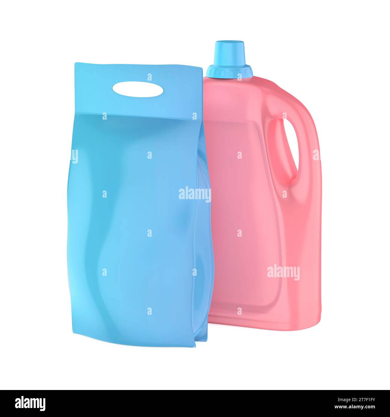 Pink liquid detergent bottle and blue washing powder bag on white ...