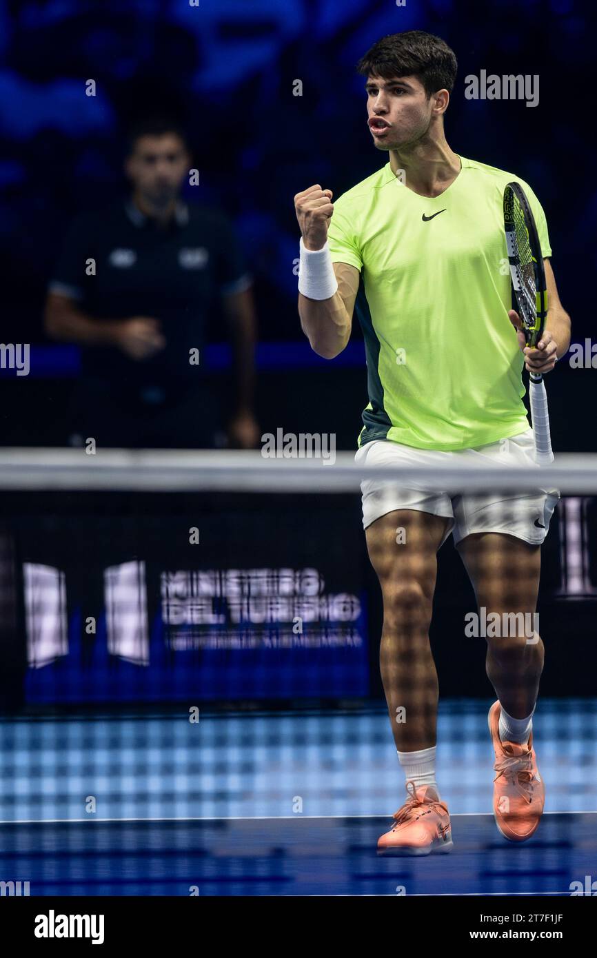 Turin, Italy. 15 November 2023. Carlos Alcaraz of Spain celebrates ...