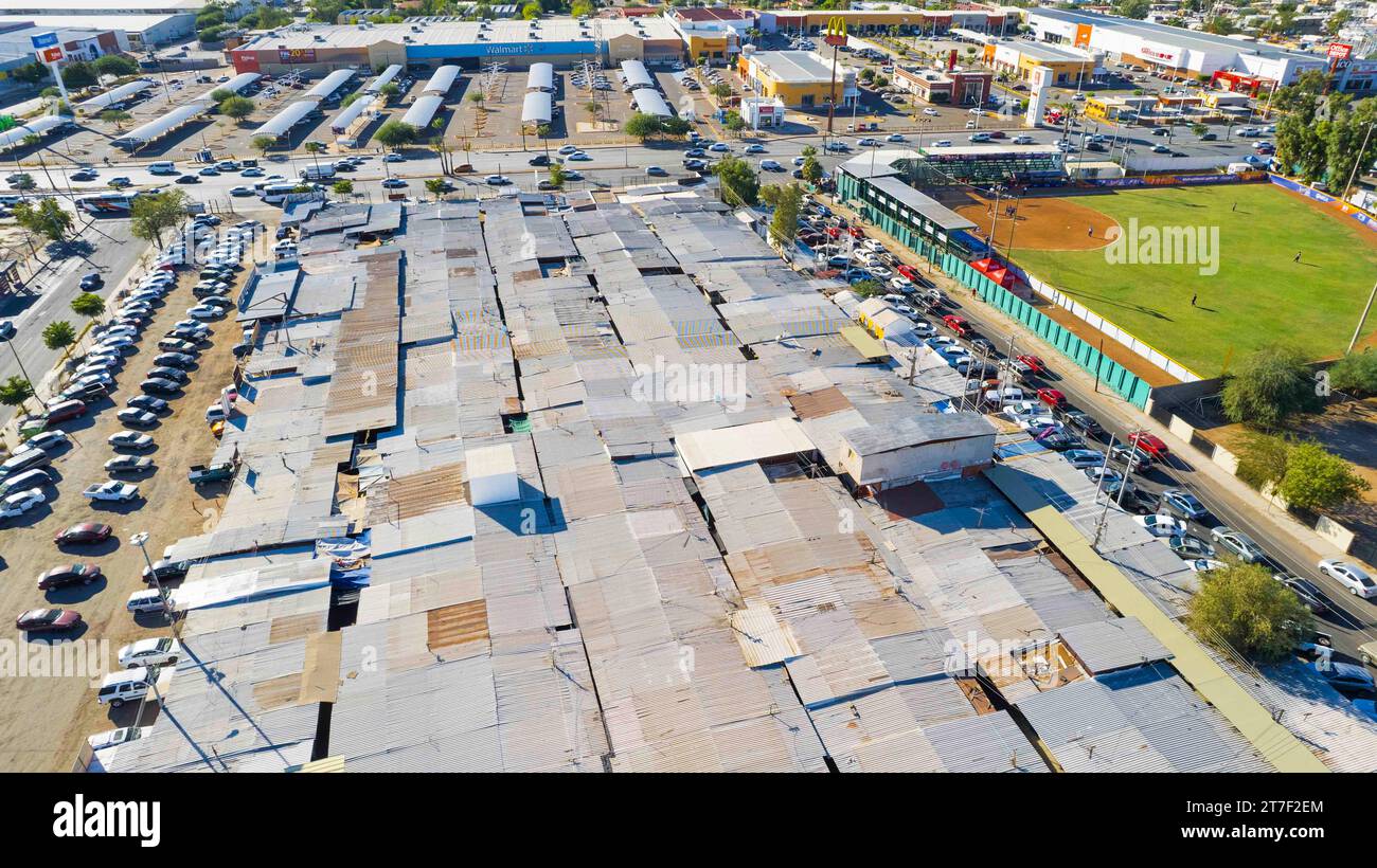 Tin roof of the Hector Espoino flea market. Aerial view of the city ...