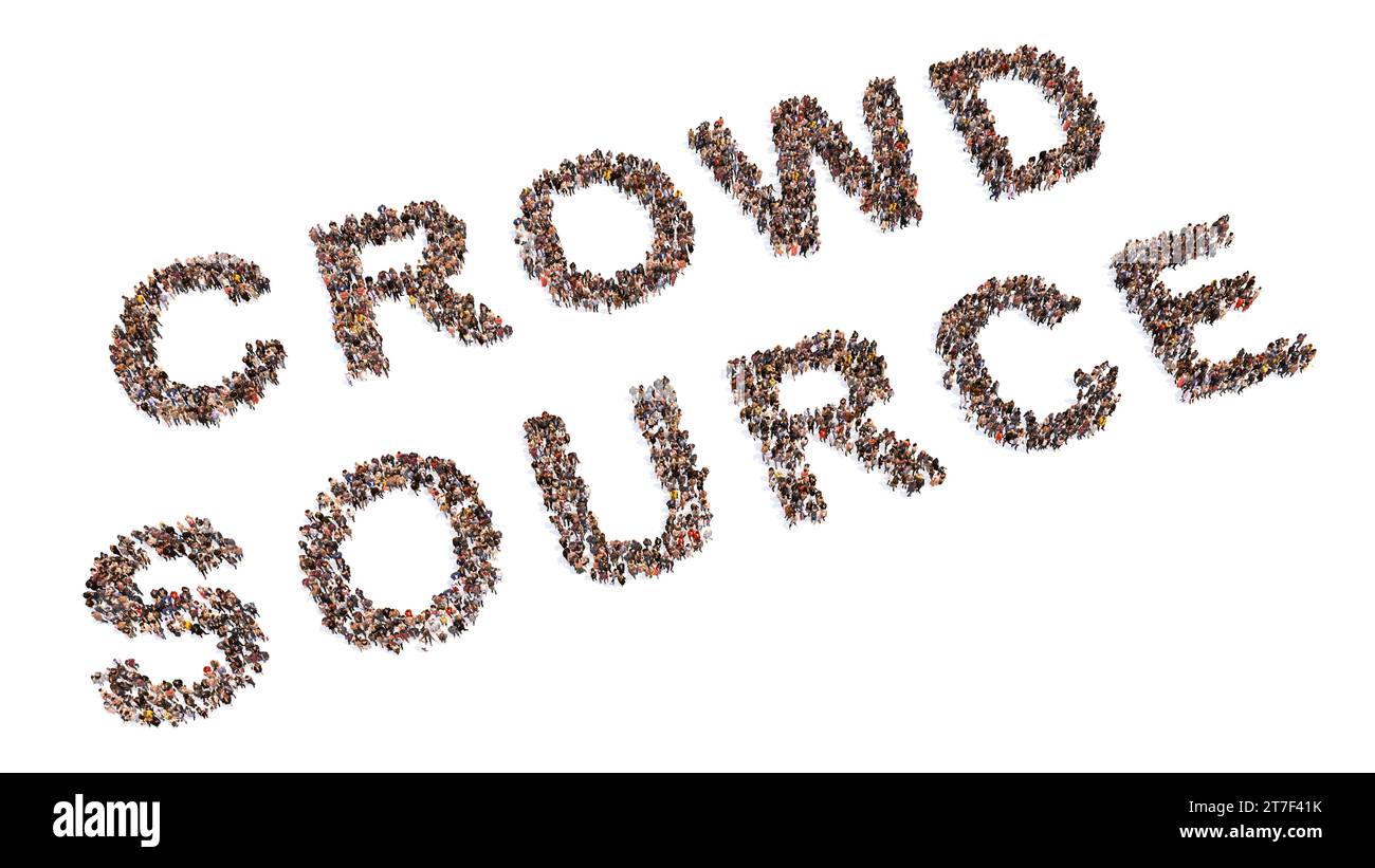 Conceptual large community of people forming CROWD SOURCE concept. 3d ...