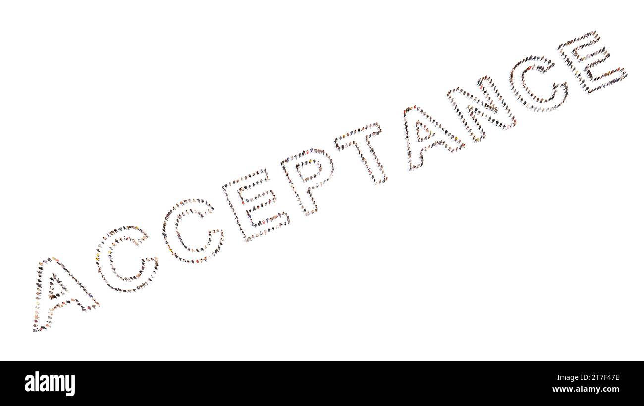 Conceptual large community of people forming the word ACCEPTANCE. 3d ...