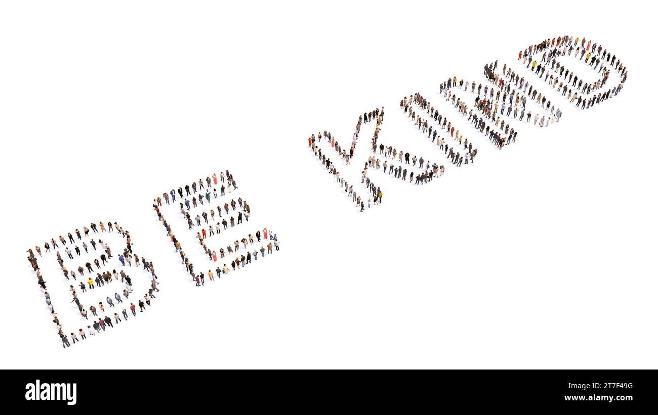 Concept or conceptual large community of people forming BE KIND slogan ...