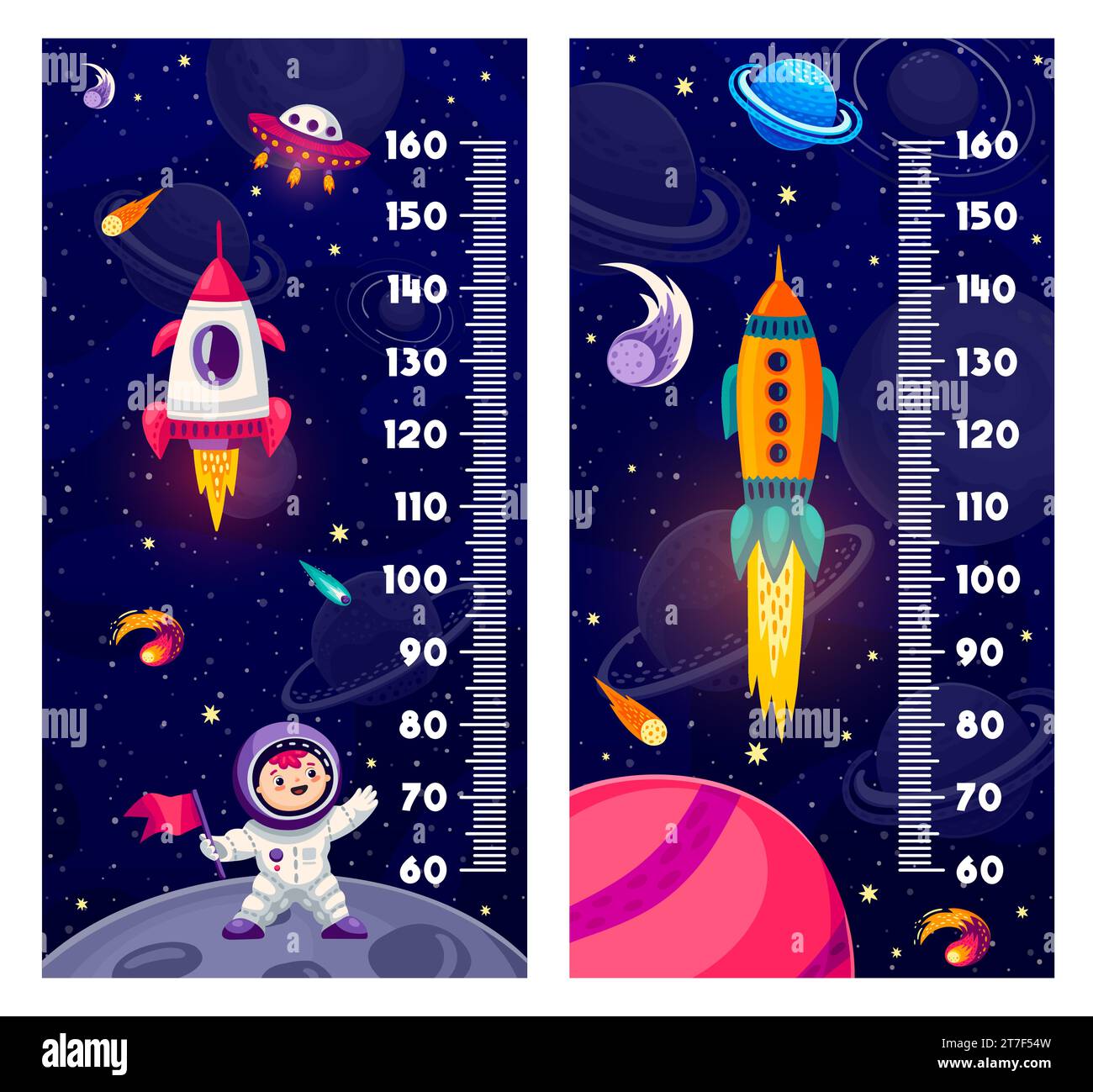 Kids height chart measure ruler with spaceships and galaxy planets on ...