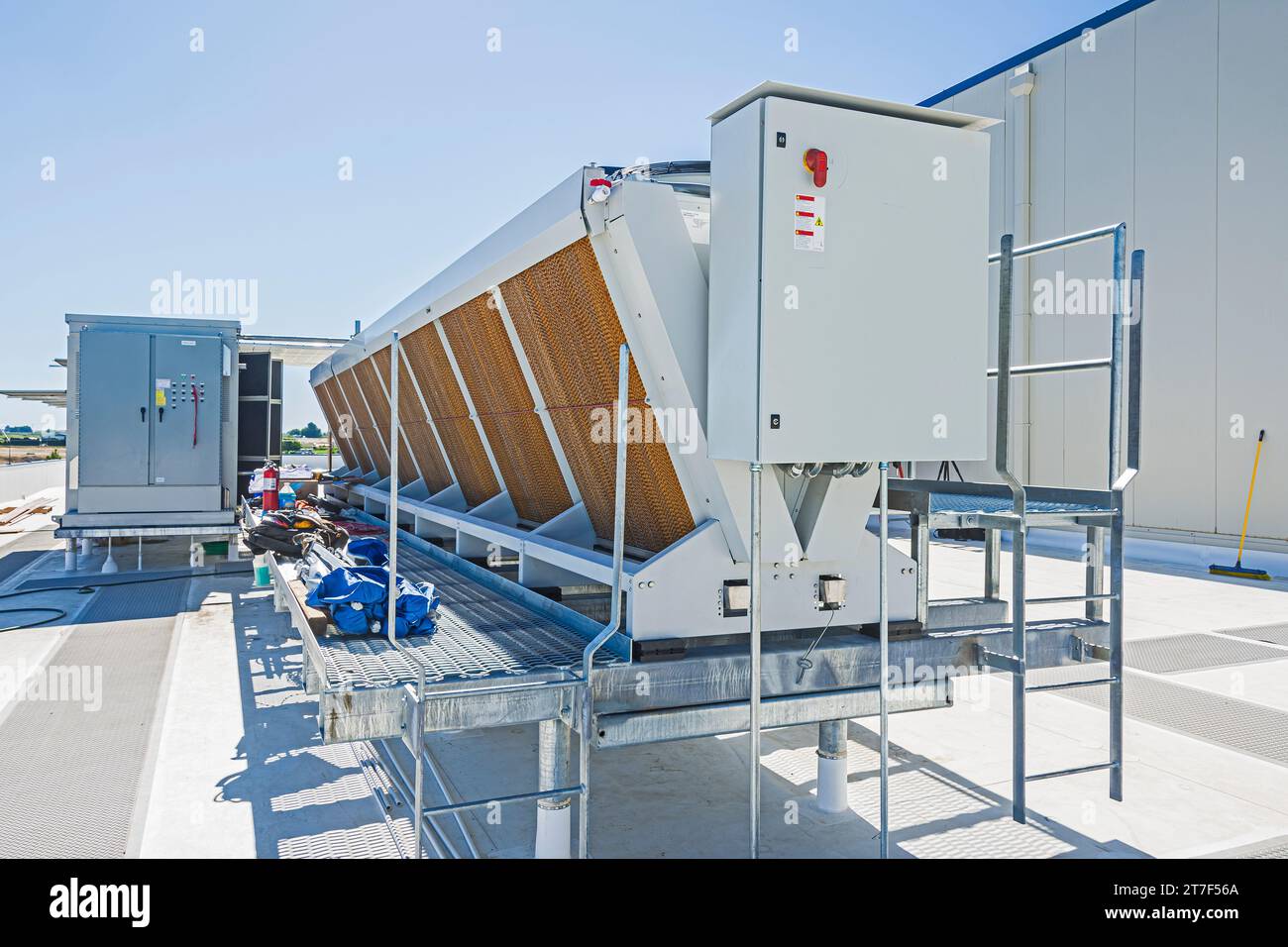 Electrical control panel on an adiabatic condenser on the roof at a CO2 ...