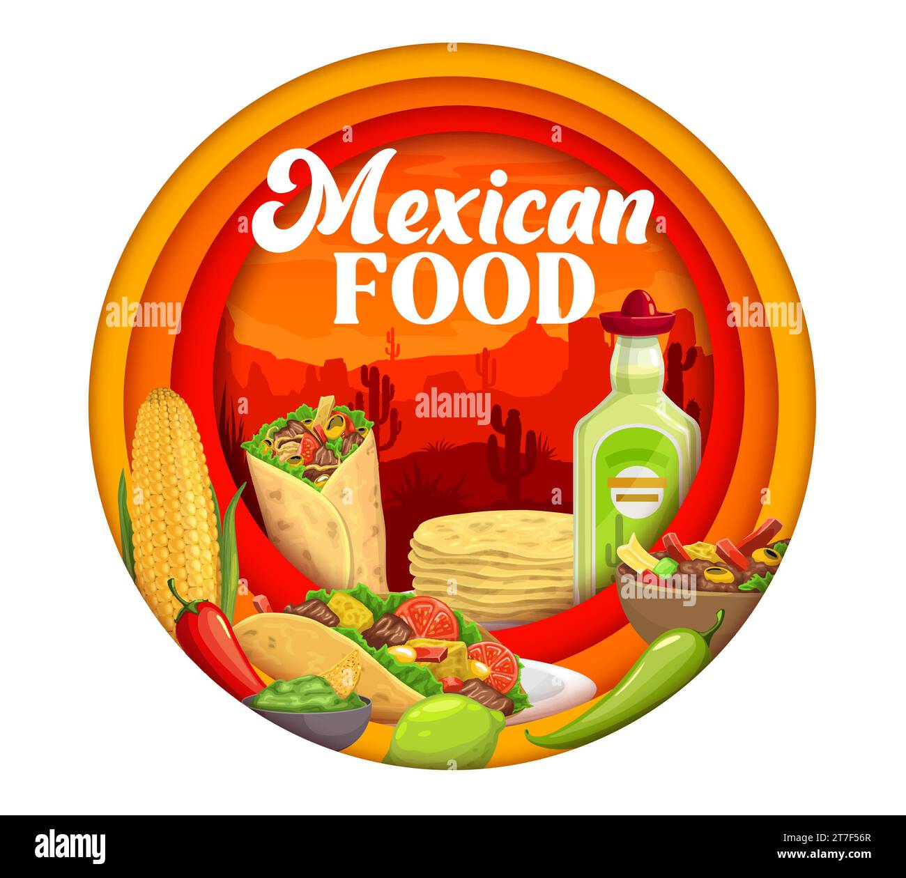 Mexican cuisine paper cut banner. Vector round layered 3d frame with ...