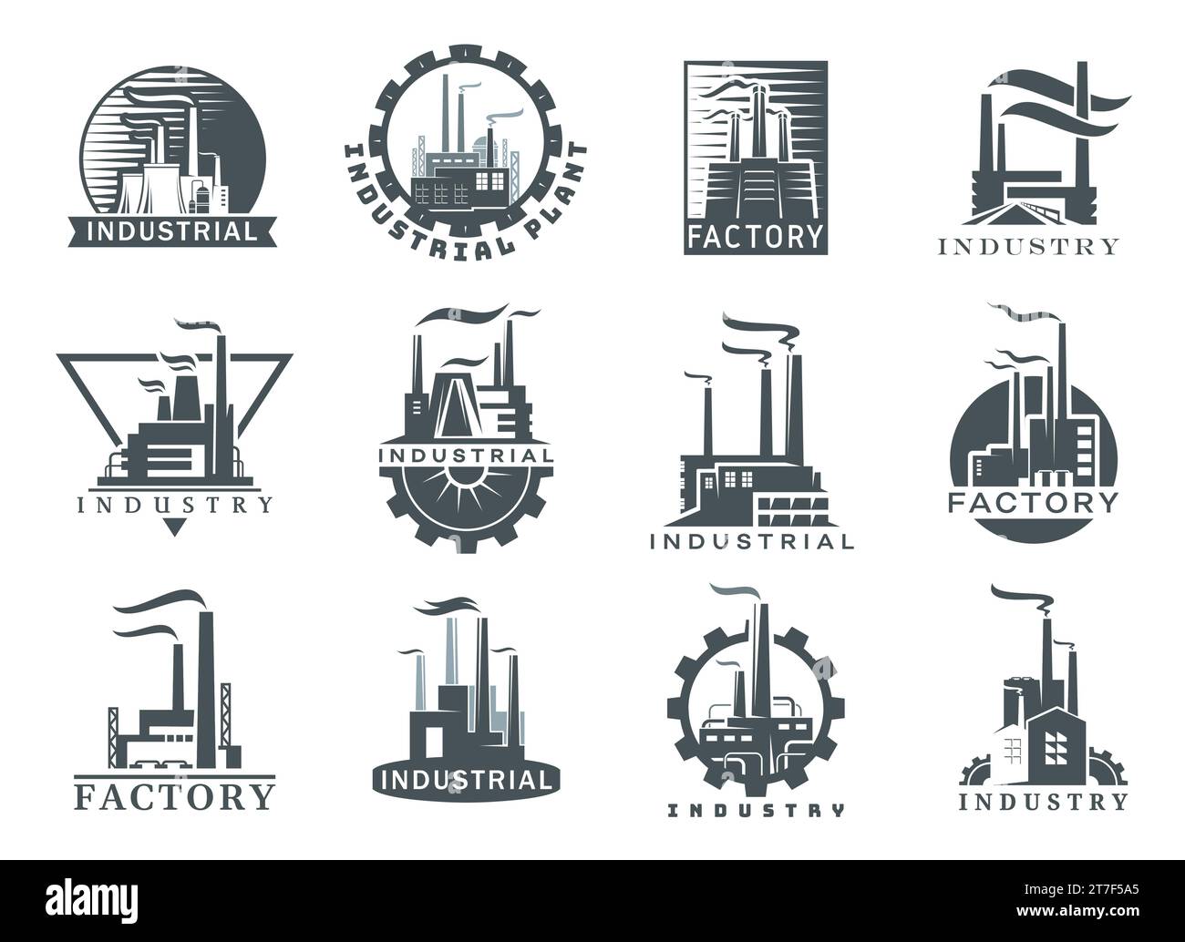 Factory and industrial plant icons, oil, gas and chemical industry ...