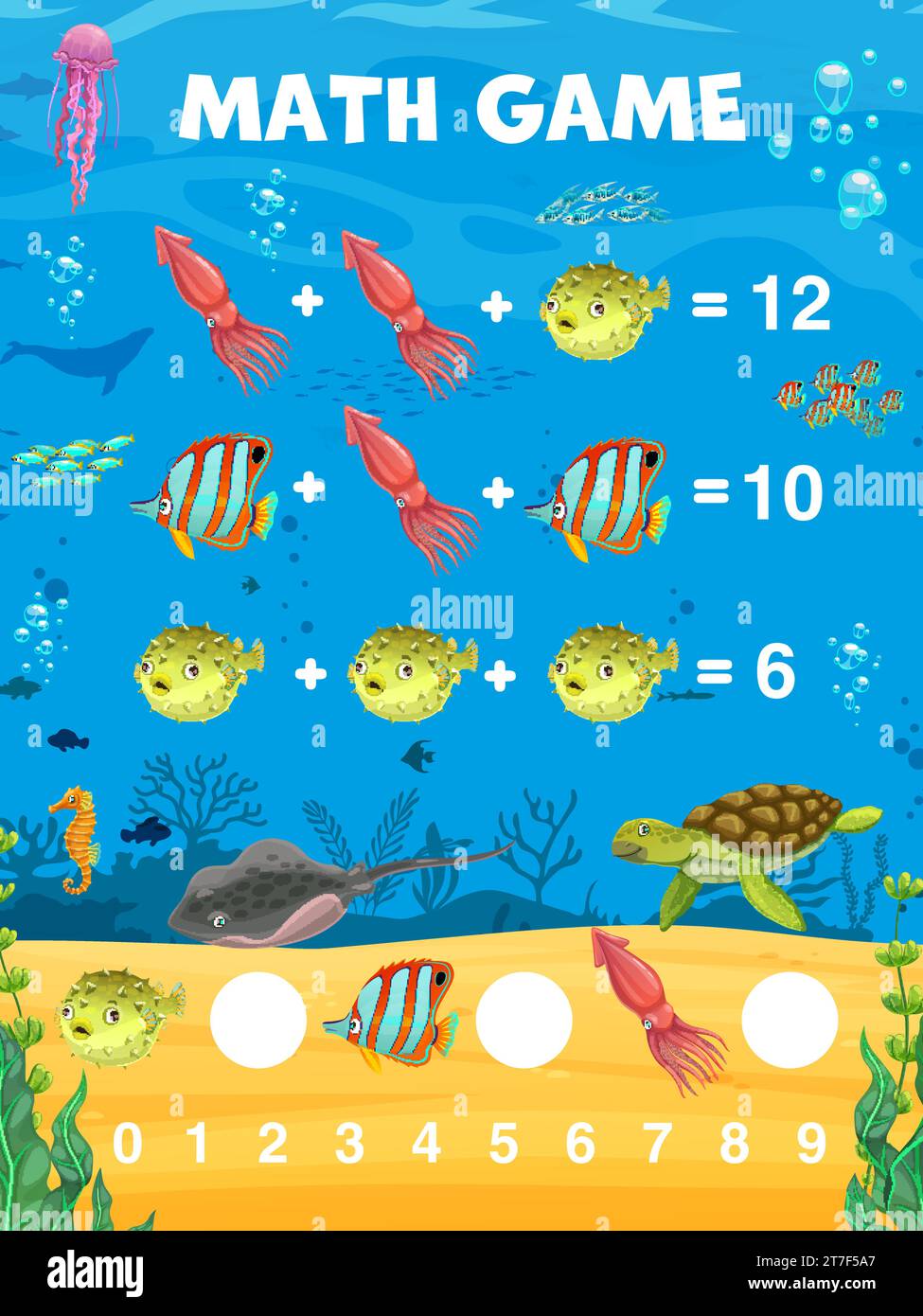 Math game worksheet. Cartoon animals, fish and turtle. Vector ...