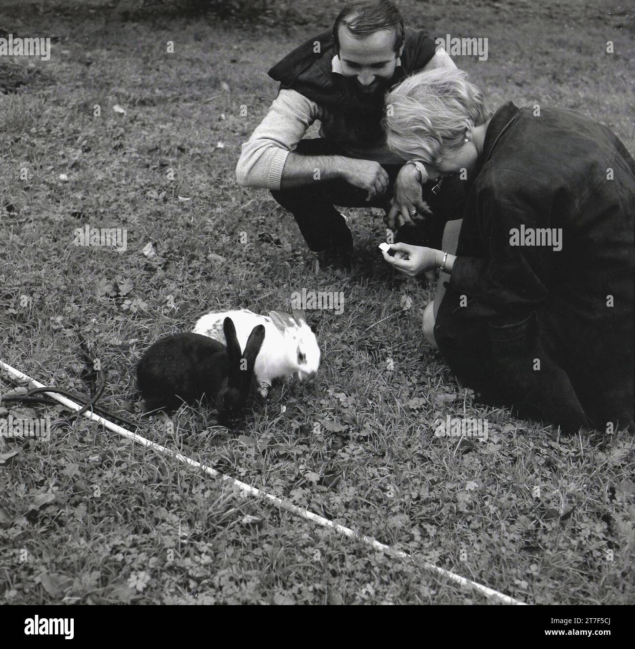 1960s, historical, a man and woman kneeling down on a section of grass ...