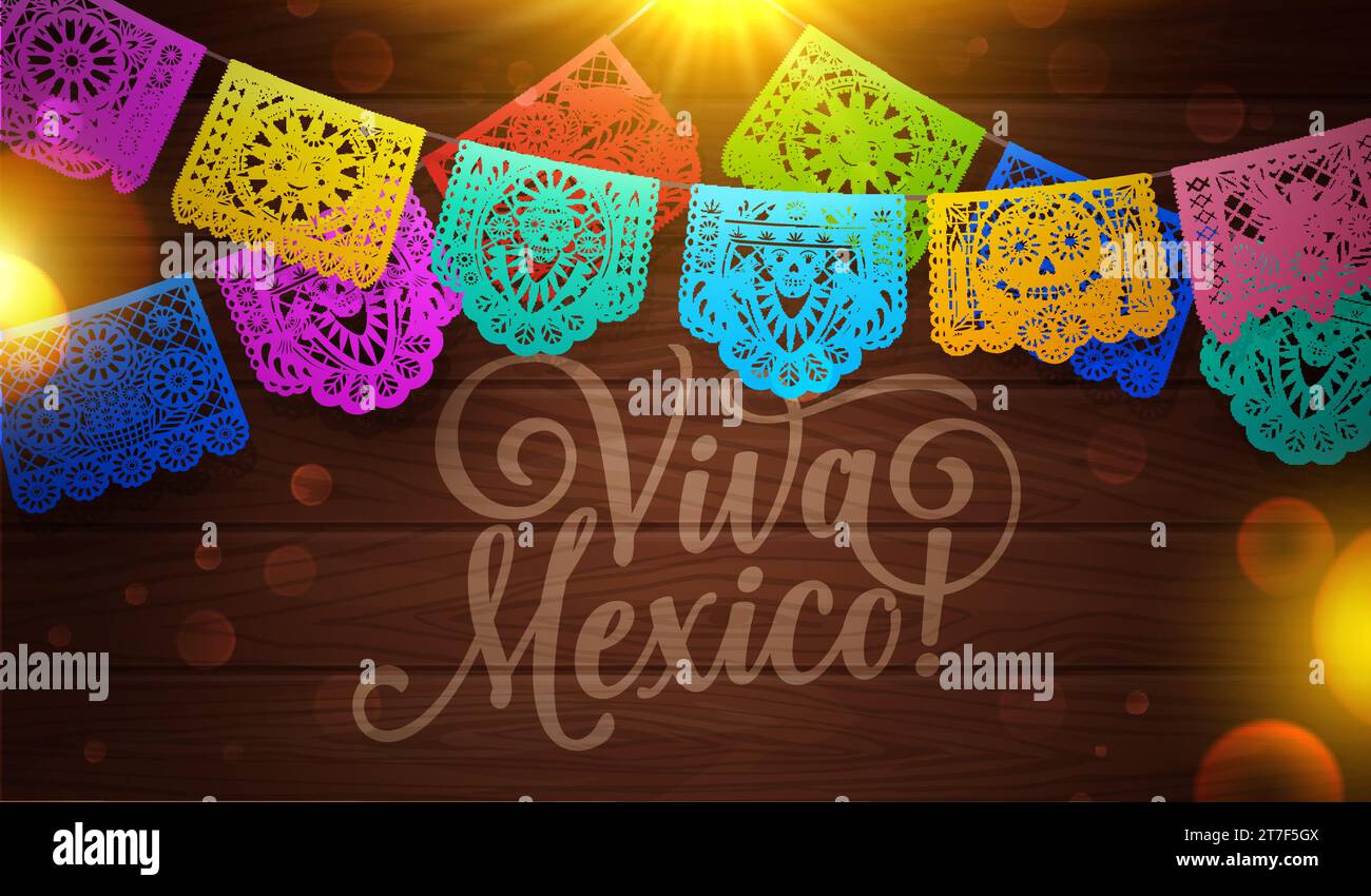 Viva Mexico background with paper cut mexican papel picado flags ...