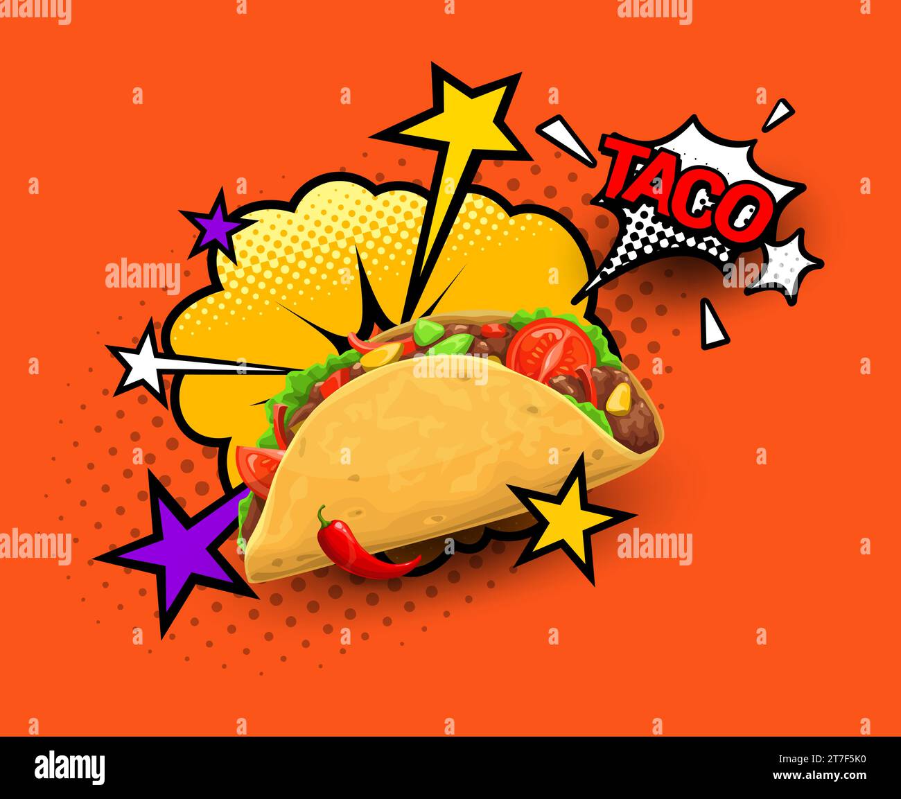 Tex Mex Mexican taco with halftone bubbles, stars and explosion ...