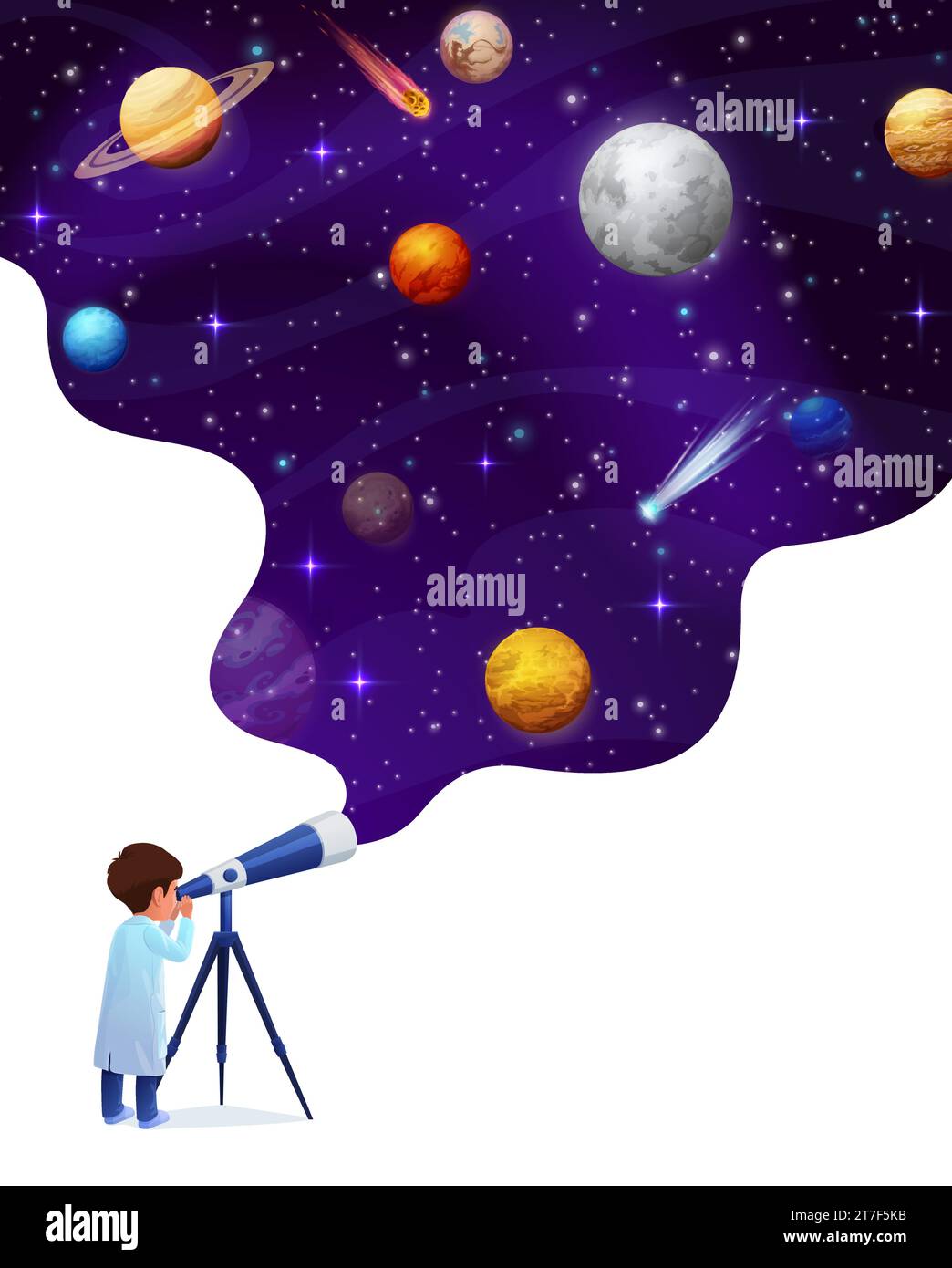 Cartoon kid boy look through telescope to starry galaxy space with ...