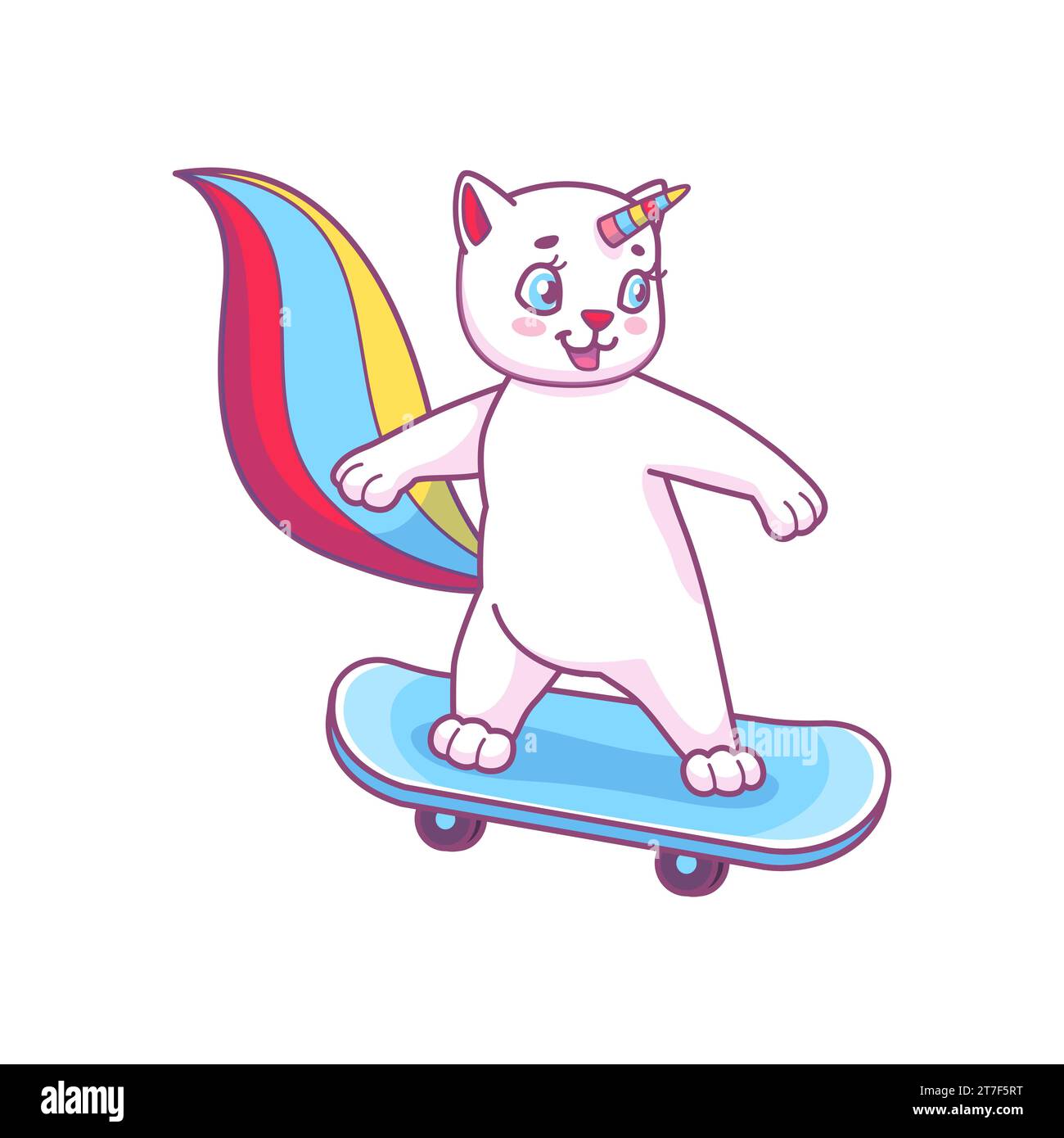 Surfing cute cartoon caticorn cat on skateboard, surfing kitten ...