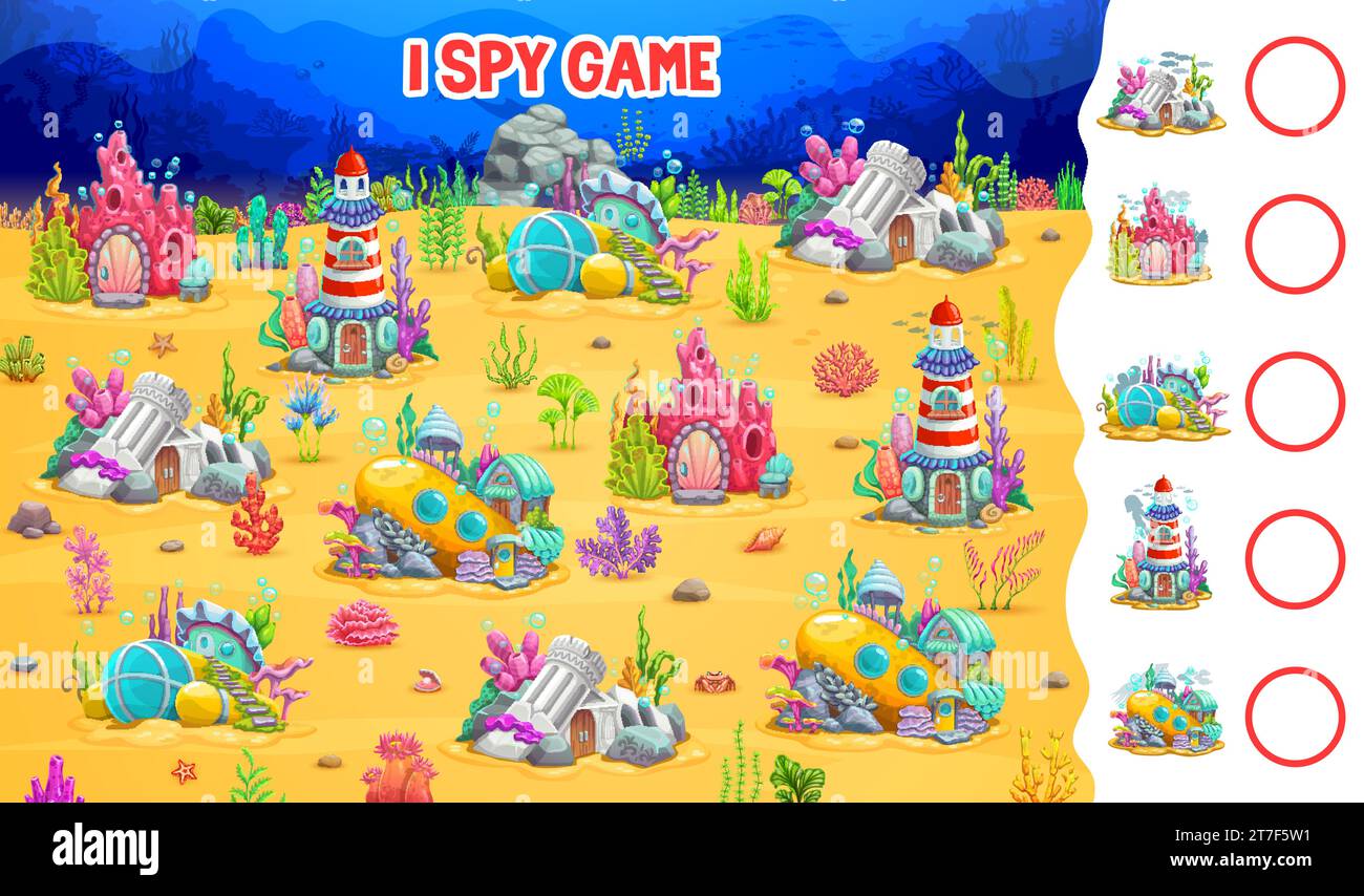 I spy game worksheet, underwater landscape and fairytale sea houses ...
