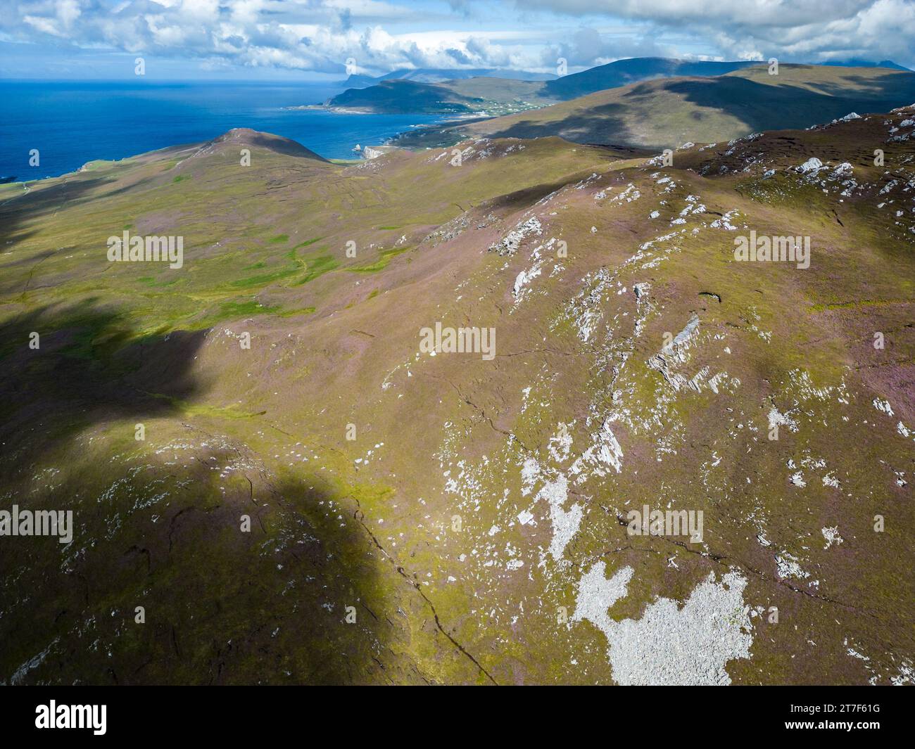Aerial view of Granuaile Loop Walk Trail cover by peat holes in the bog ...