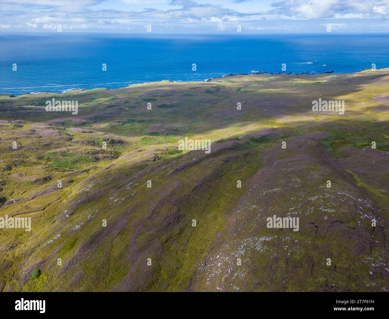Aerial view of Granuaile Loop Walk Trail cover by peat holes in the bog ...