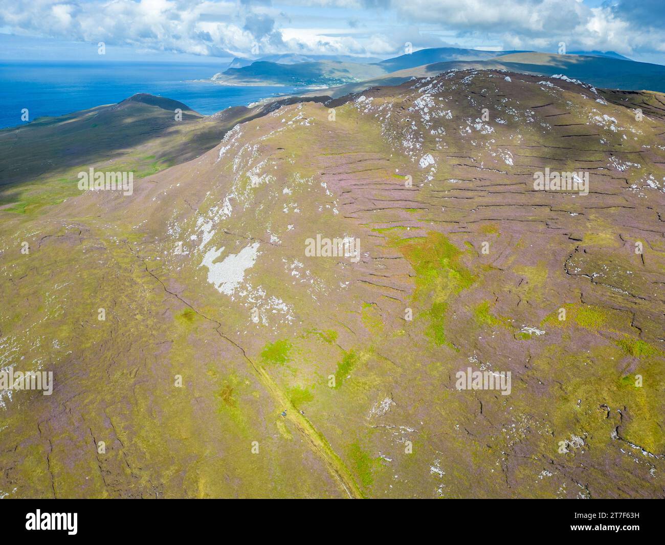 Aerial view of Granuaile Loop Walk Trail cover by peat holes in the bog ...