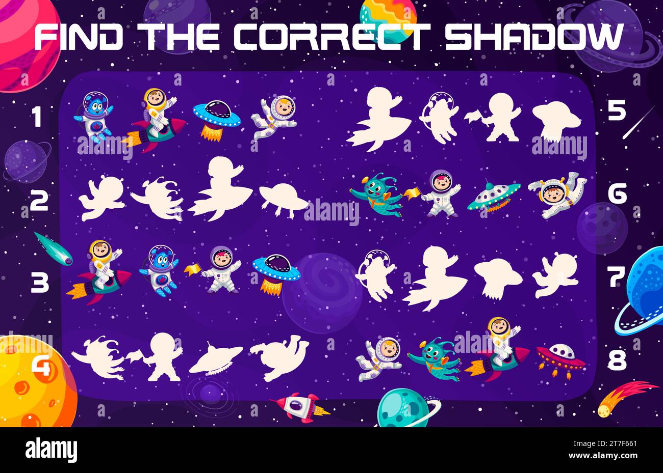 Find correct shadow of astronauts in space with alien UFO and galaxy ...