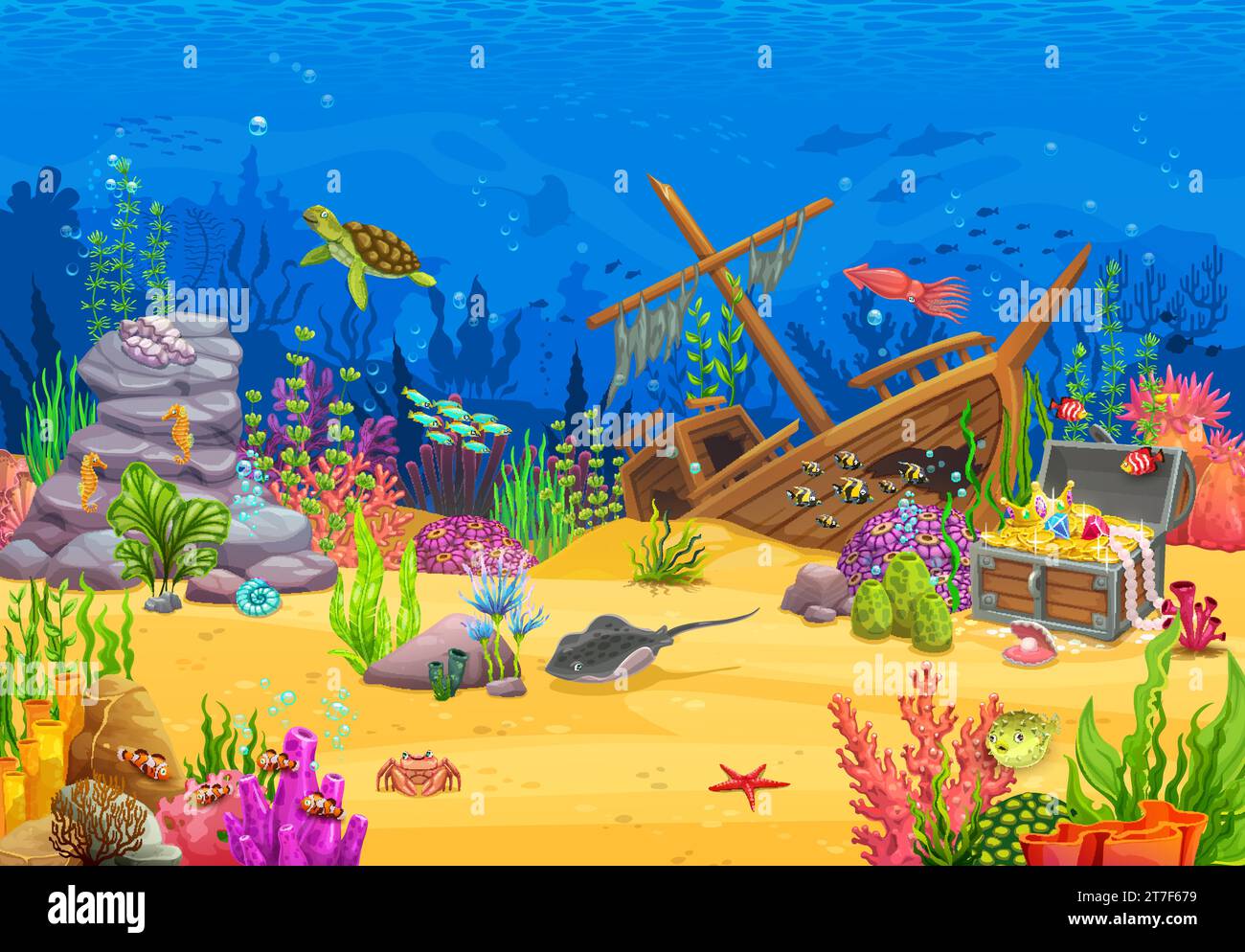 Arcade game level background. Cartoon underwater landscape with sunken ...