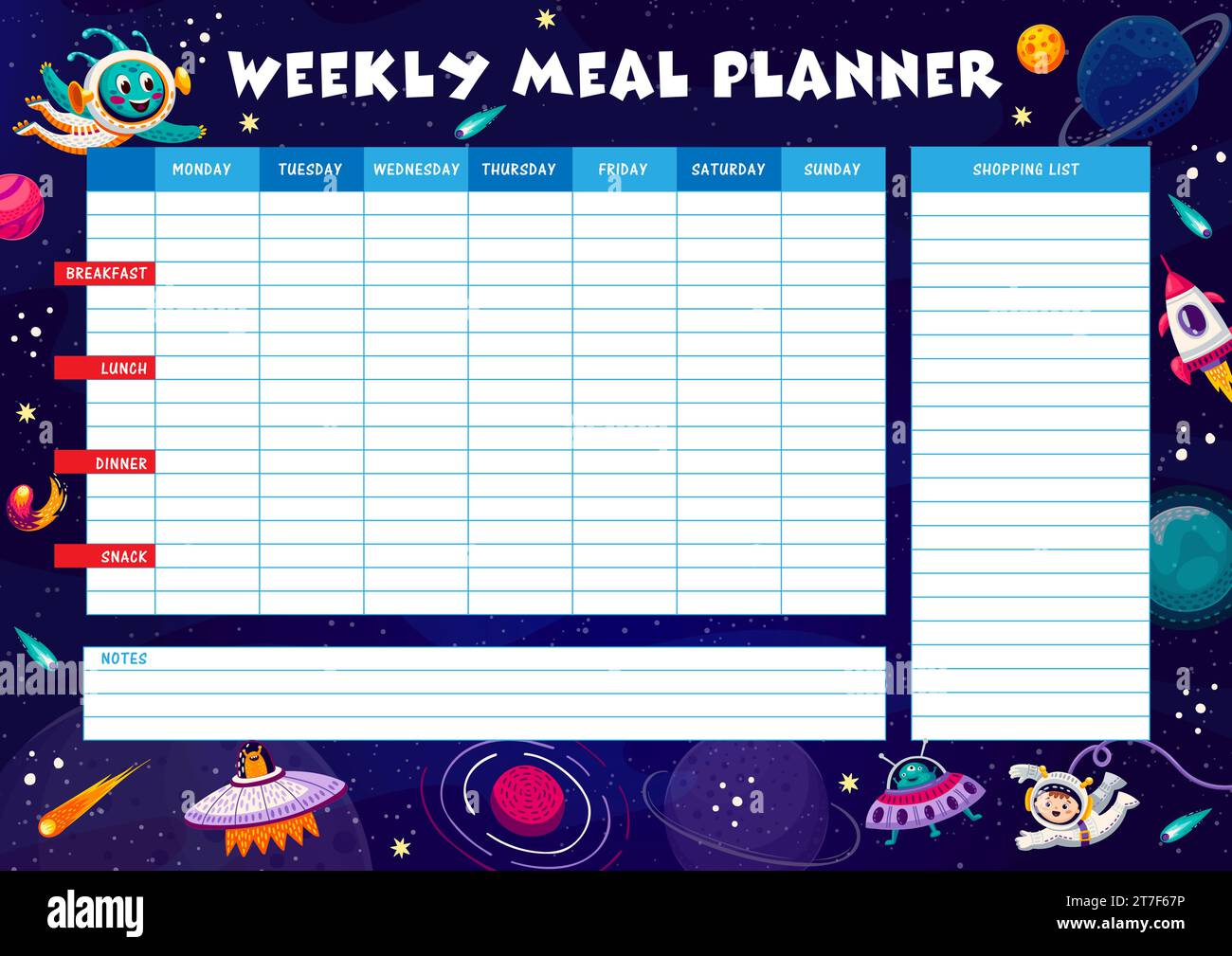 Weekly meal planner. Starry galaxy, alien and astronaut, UFO and rocket ...