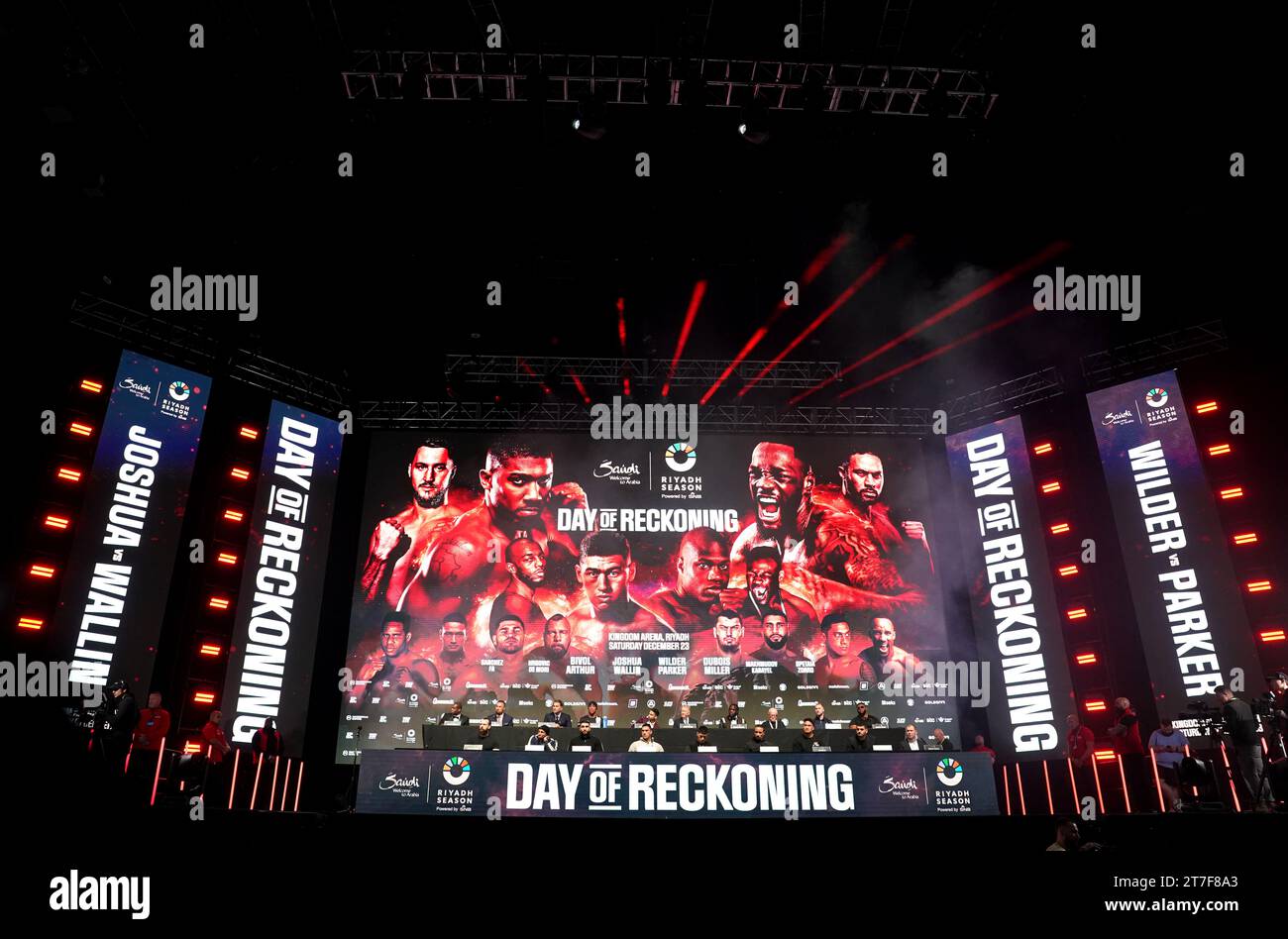 General view of the stage on boxers and promoters inside the OVO Arena ...