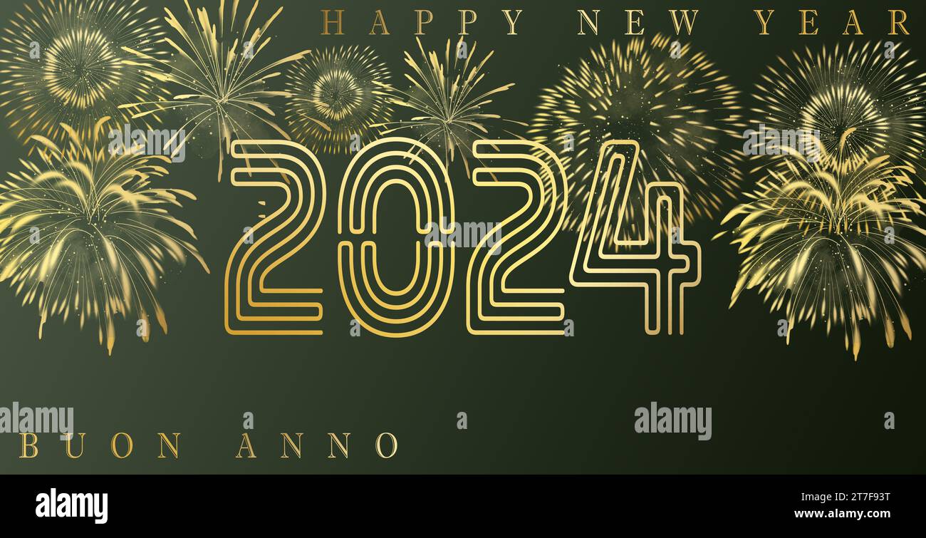 Happy New Year 2024. Golden numbers with ribbons and confetti on a dark ...