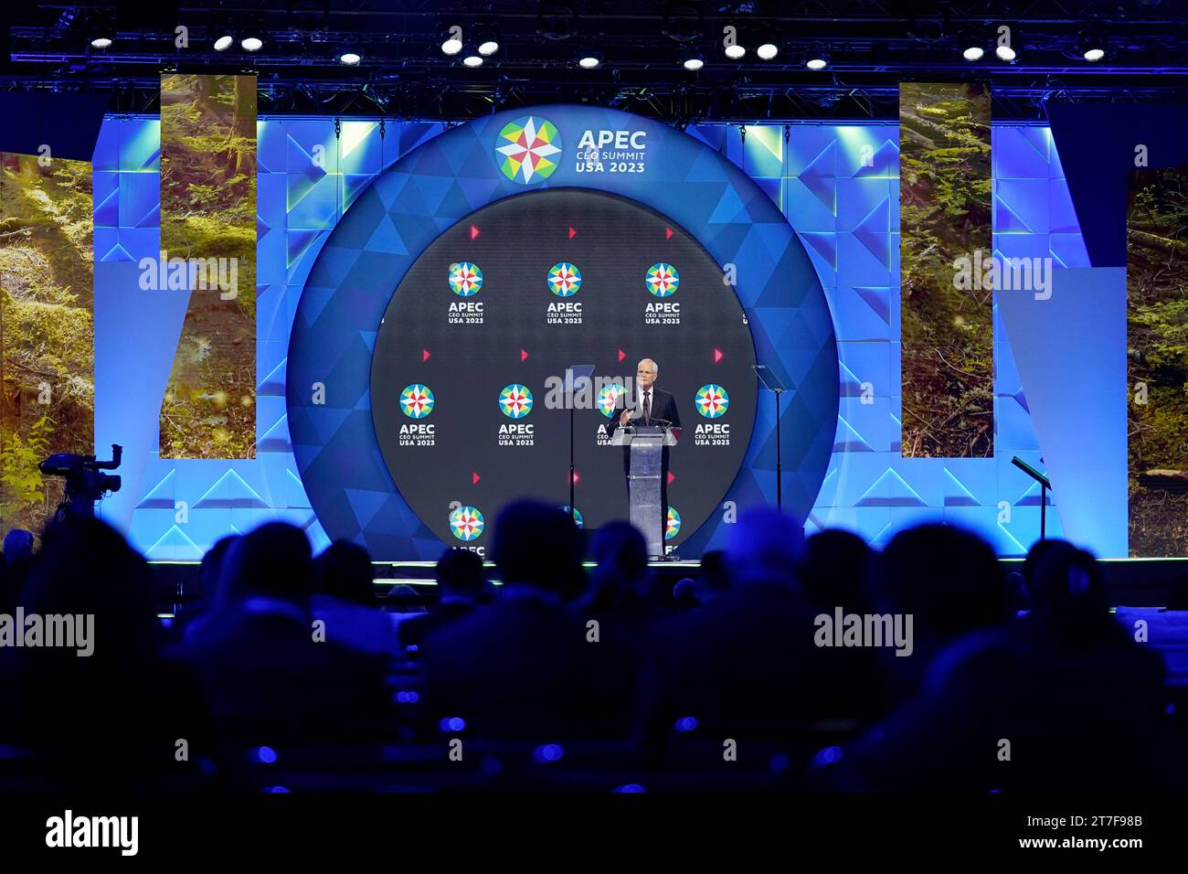 ExxonMobil CEO Darren Woods speaks during the APEC CEO Summit Wednesday ...