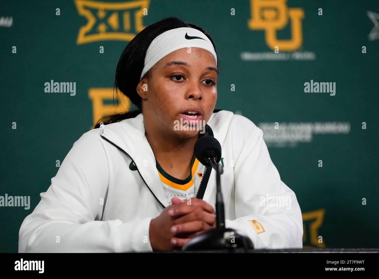 Baylor's Sarah Andrews speaks to reporters following an NCAA college ...